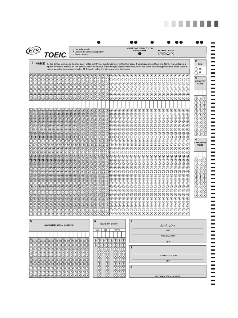 Answer Sheet Toeic