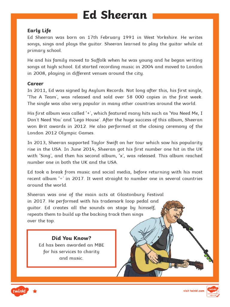 t2 e 3827 ks2 Ed Sheeran Differentiated Reading Comprehension Activity ...