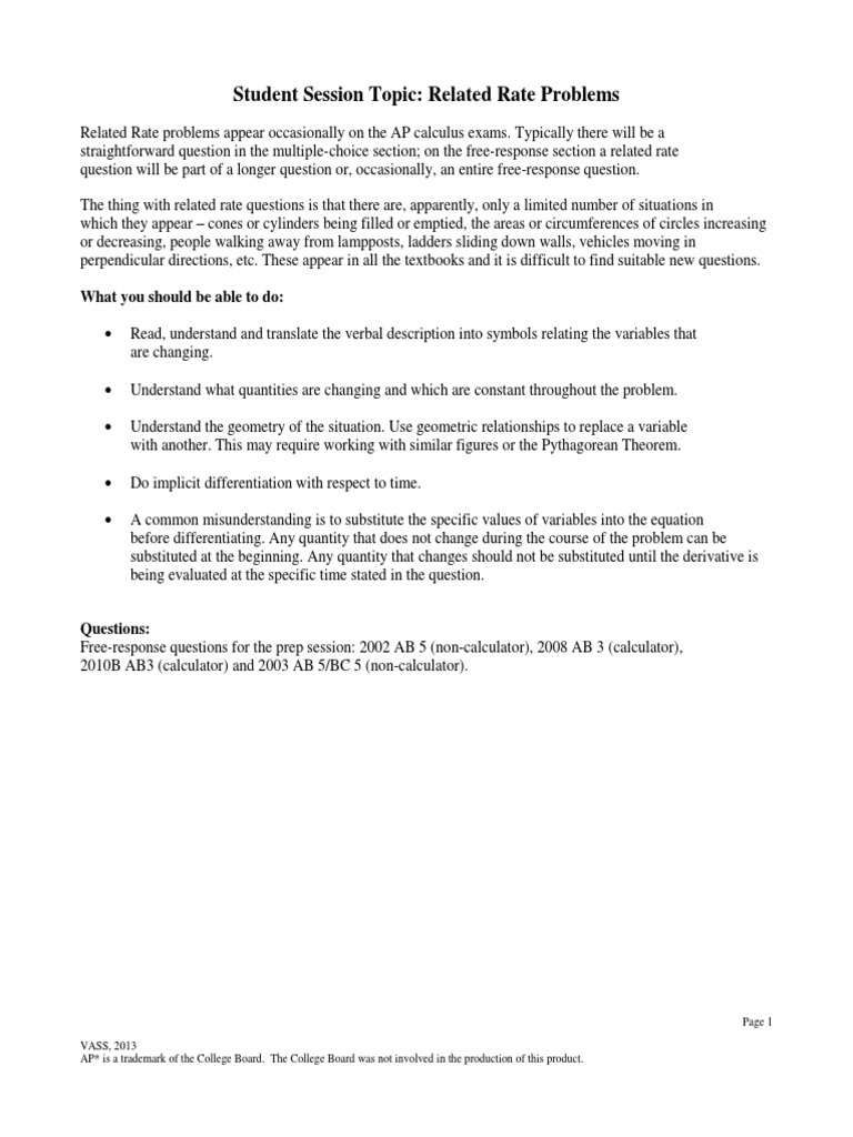 Calc - AB - Related Rates 2013 Student Handout Jan 14 PDF | PDF ...