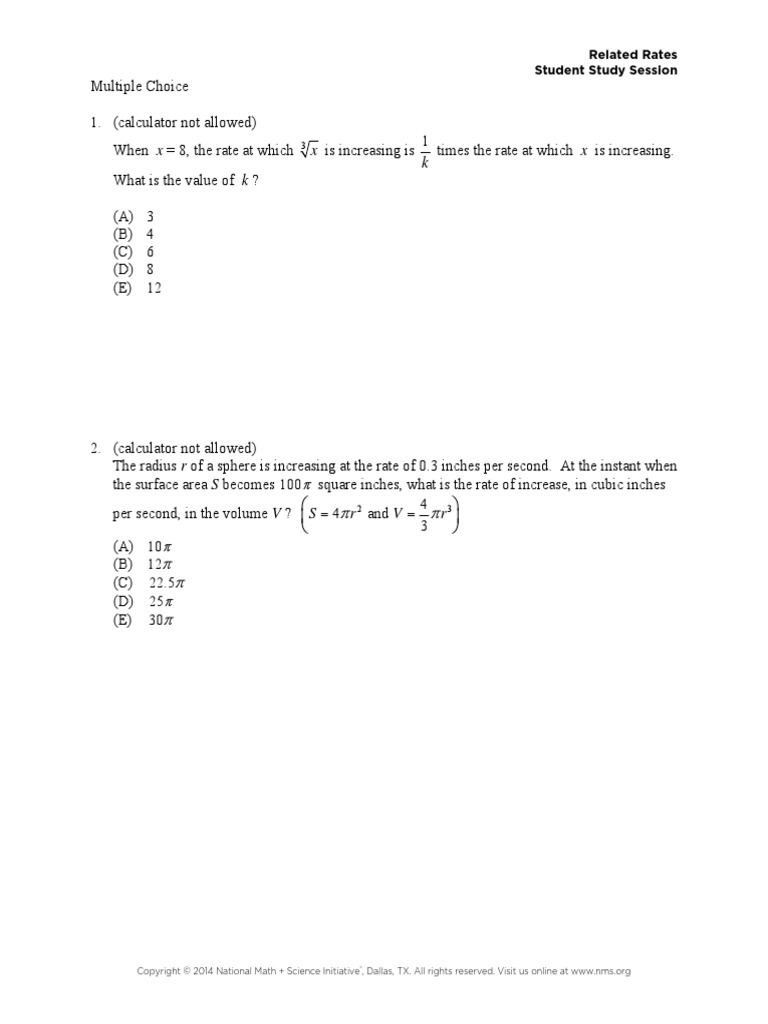 Related Rates Multiple Choice AP PDF | PDF | Business