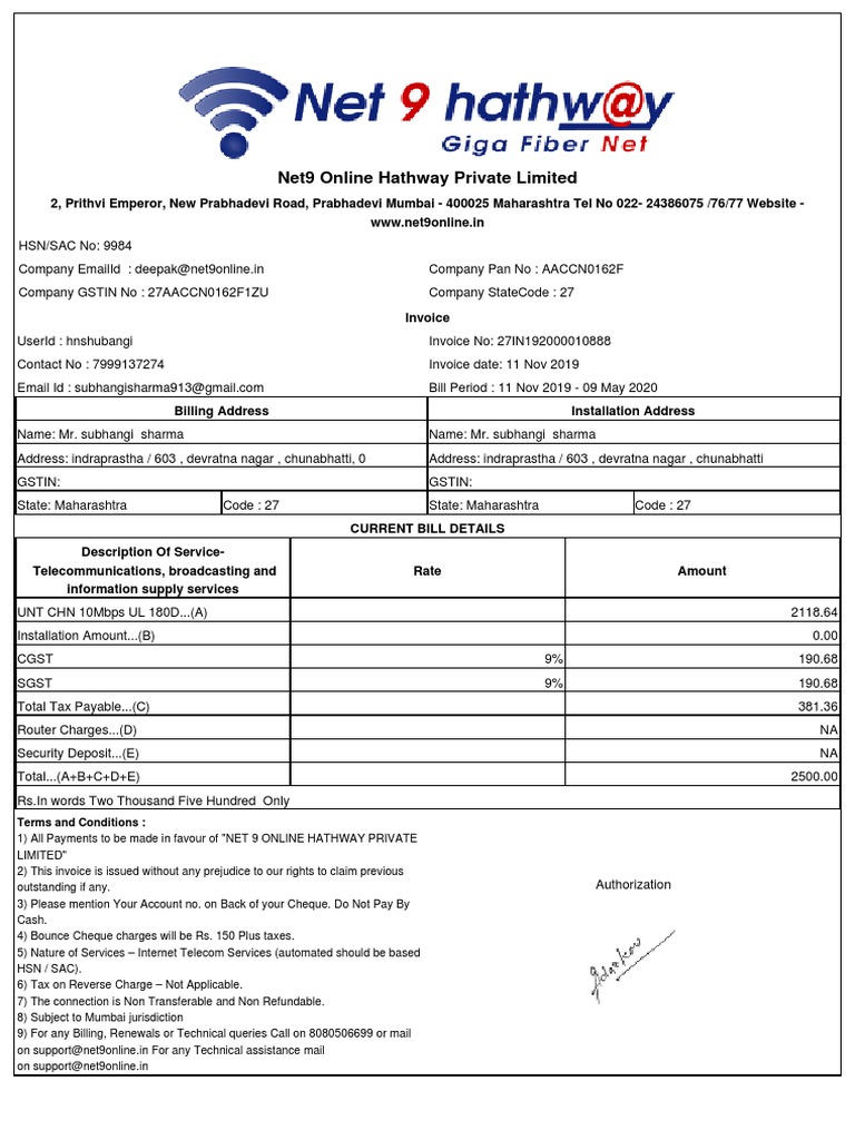 Net9 Online Hathway Private Limited: Terms and Conditions | PDF ...