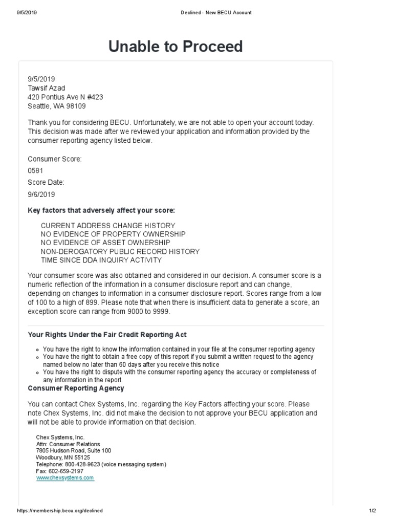 Declined - New BECU Account PDF | PDF | Credit Bureau | Credit History