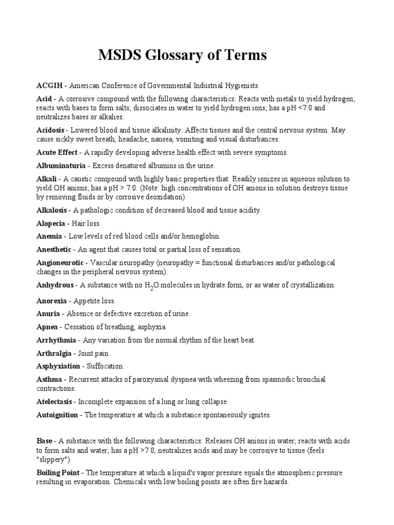 MSDS Terms Glossary for Safety | PDF | Redox | Ph