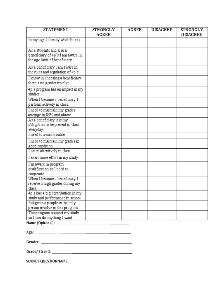 Statement Strongly Agree Agree Disagree Strongly Disagree | PDF