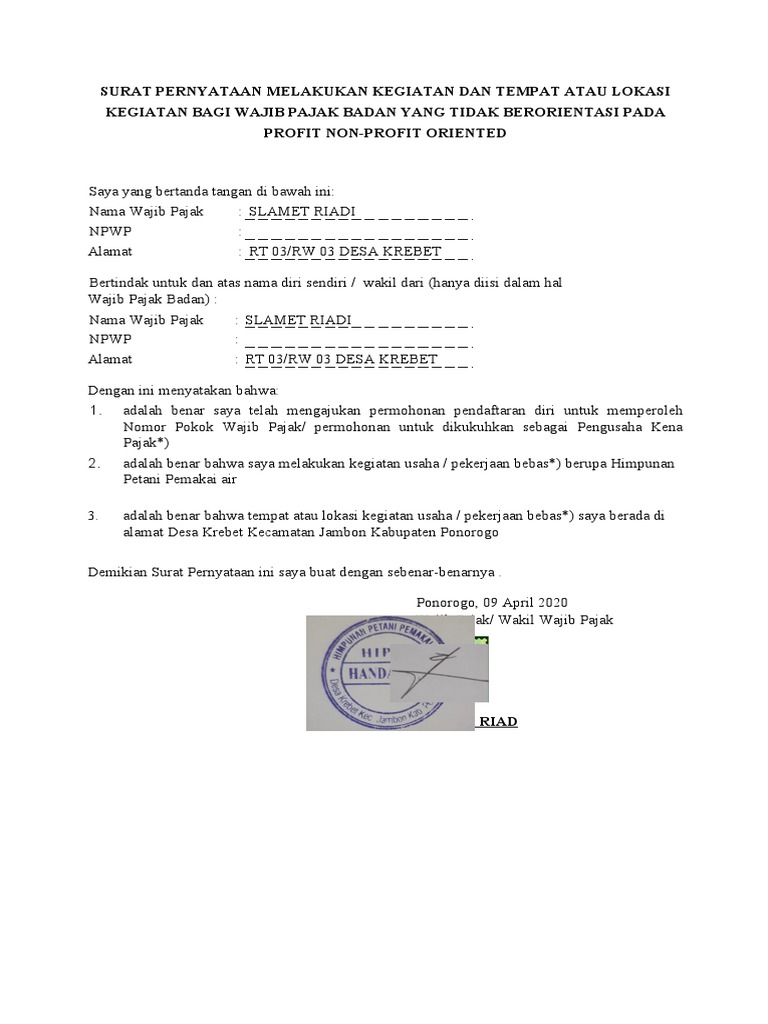 Declaration of Activities and Location for Non-Profit Taxpayers | PDF