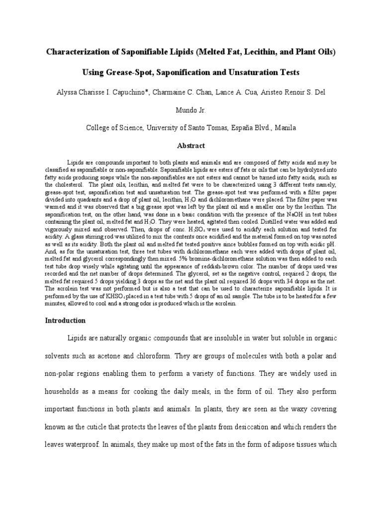 Characterization of Saponifiable Lipids (Melted Fat, Lecithin, and ...