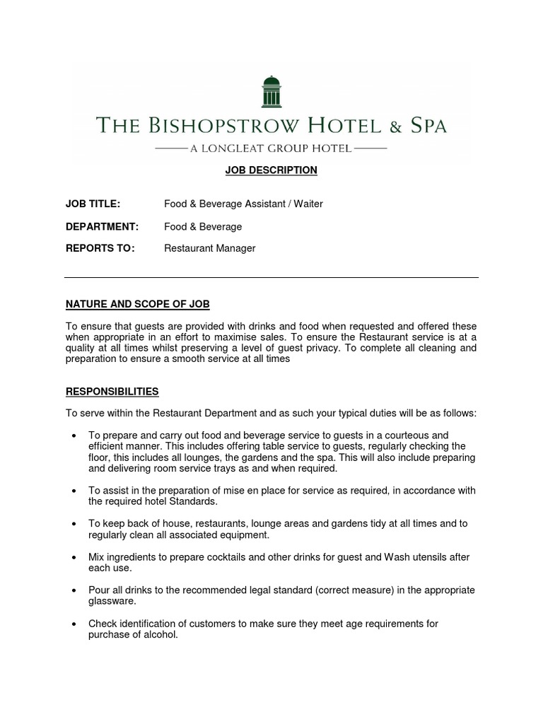Assistant Waiter Job Description | PDF | Waiting Staff | Restaurant And ...