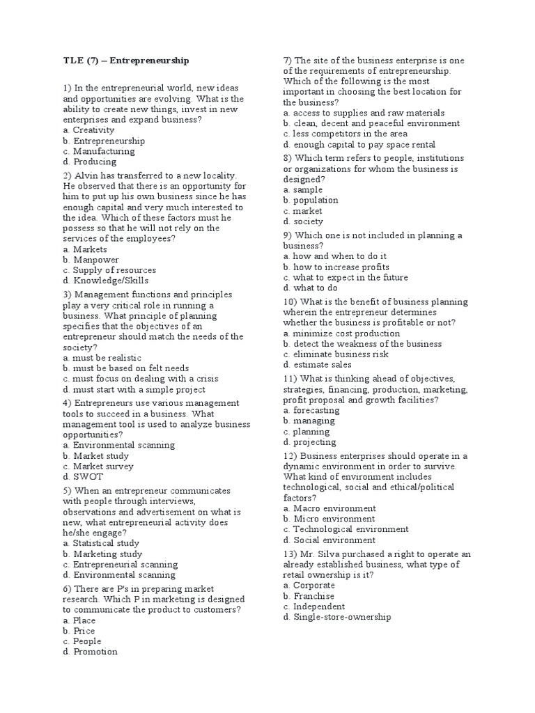 Entrepreneurship Quiz Guide | PDF | Entrepreneurship | Marketing
