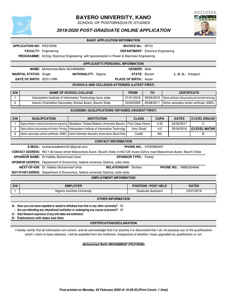 (PG310506) (Muhammad Bello MUHAMMAD) Form | PDF | Diploma ...