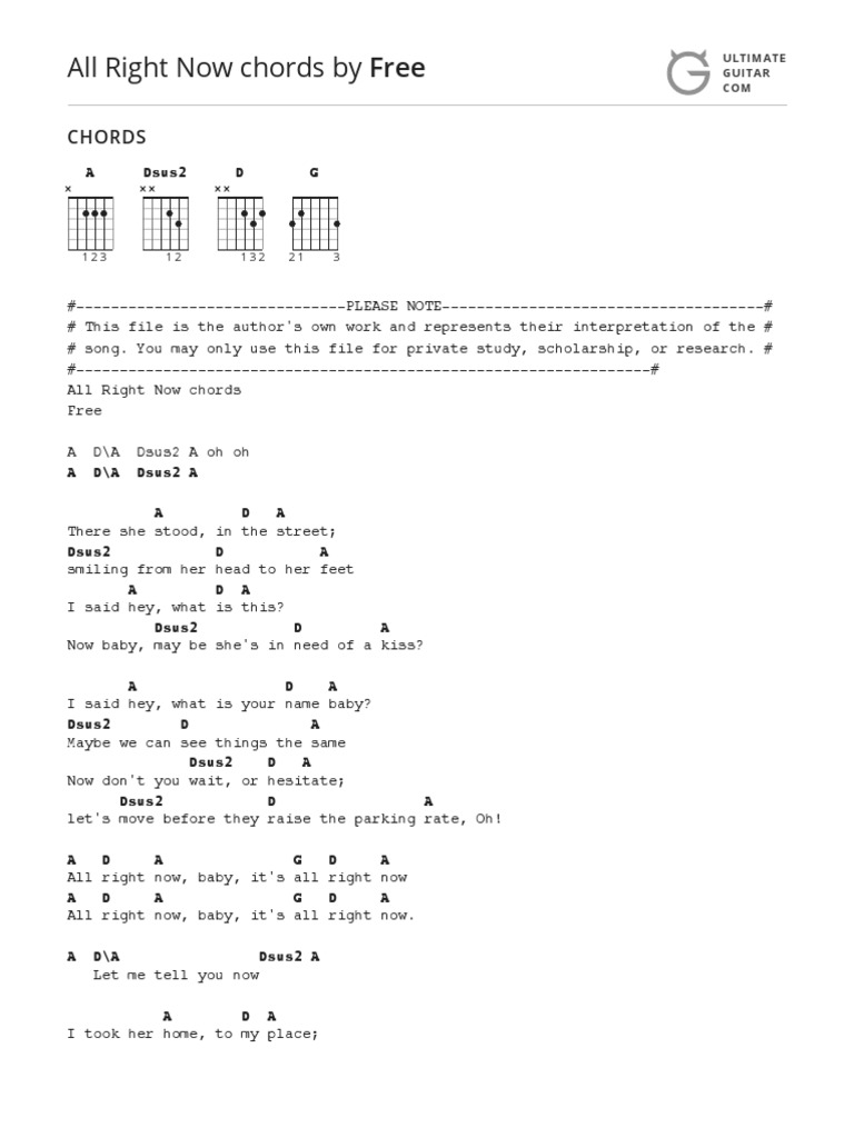 All Right Now Chords (Ver 3) by Freetabs at Ultimate Guitar Archive | PDF