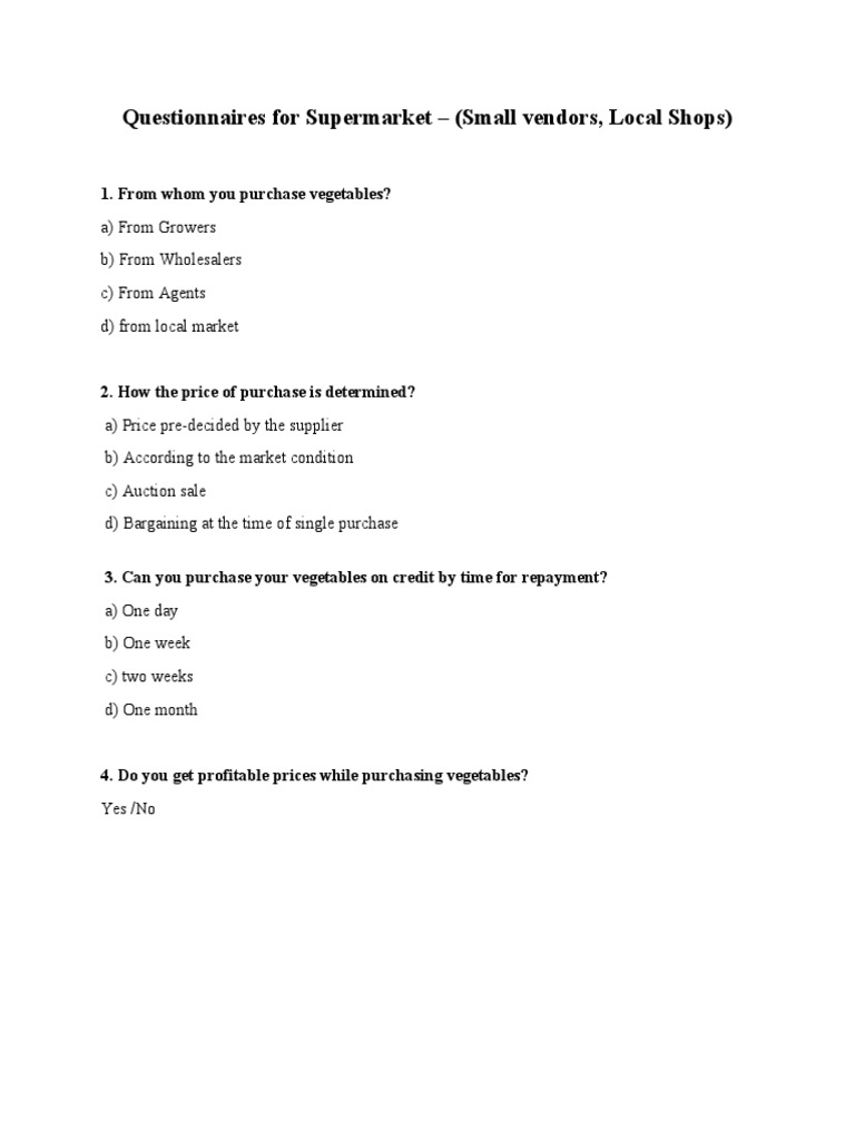 Questionnaires For Supermarket | PDF | Prices | Sales