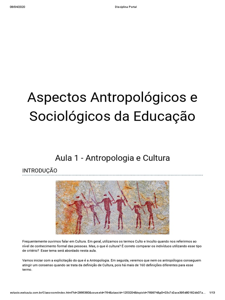 Aspectos Antropológicos e Sociológicos da Educação: Aula 1 ...