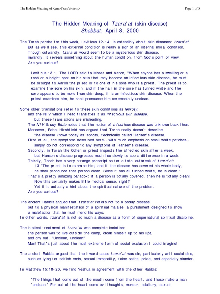 The Hidden Meaning of Tzara'at (Skin Disease) : Shabbat, April 8, 2000 ...
