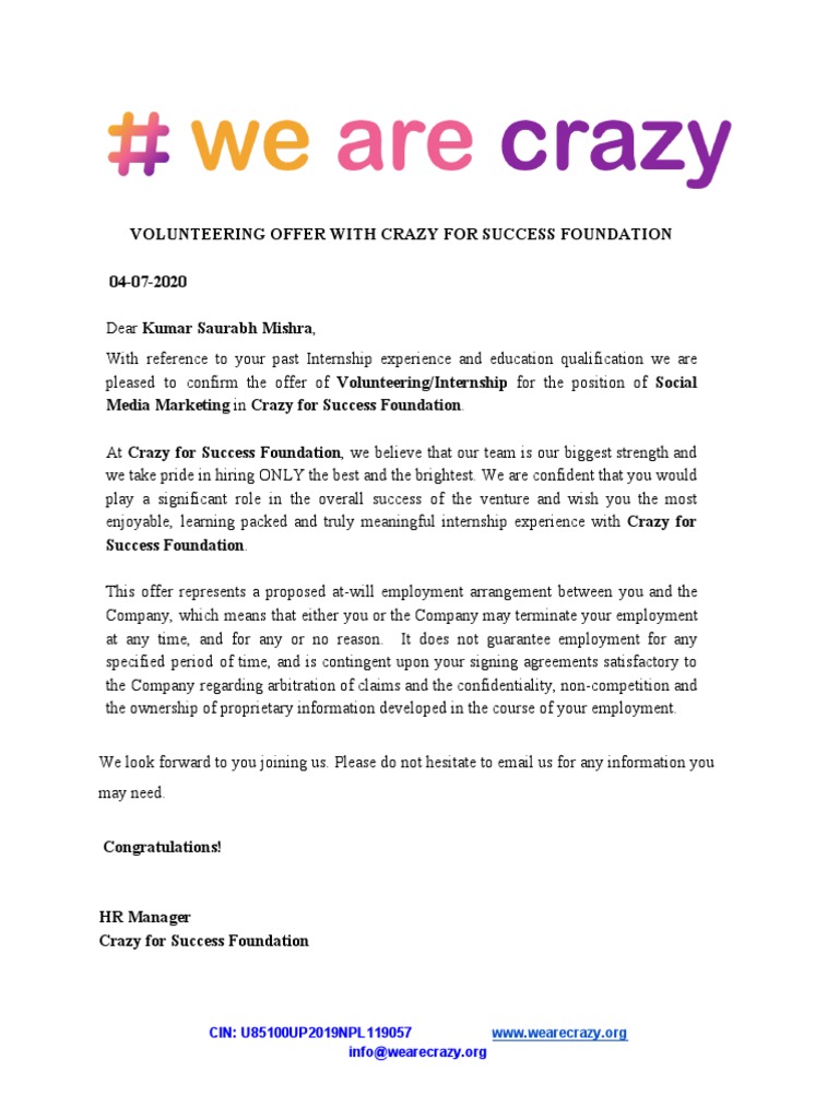 Volunteering Offer With Crazy For Success Foundation 04-07-2020 | PDF