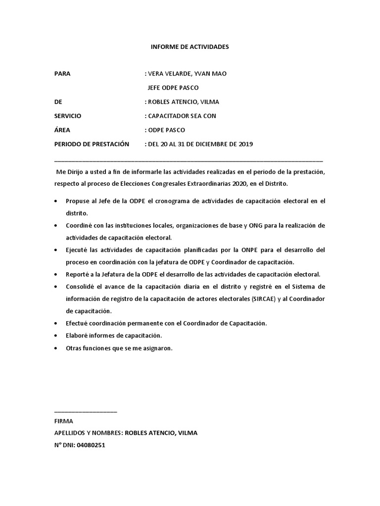 86 Robles Atencio Vilma Informe de Actividades Capacitador Sea-Con | PDF