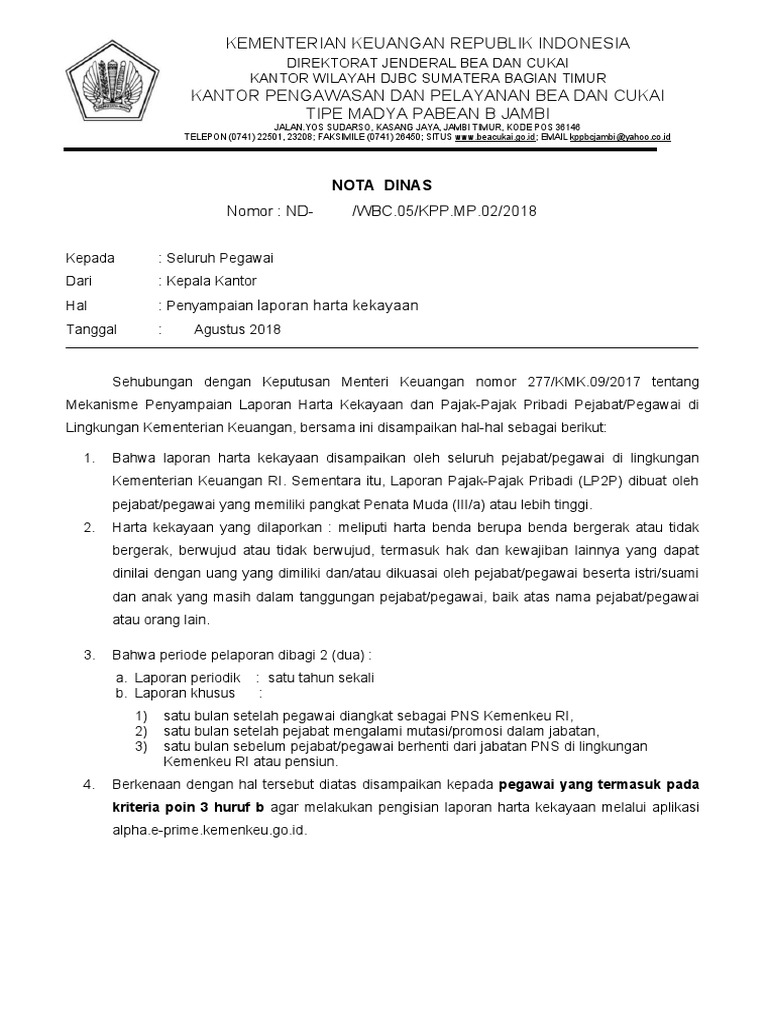 Nota Dinas Kepala Kantor 2018 | PDF