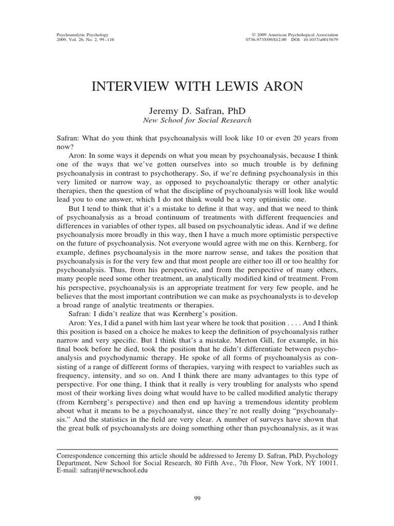 Interview With Lewis Aron: Jeremy D. Safran, PHD | PDF | Psychoanalysis ...
