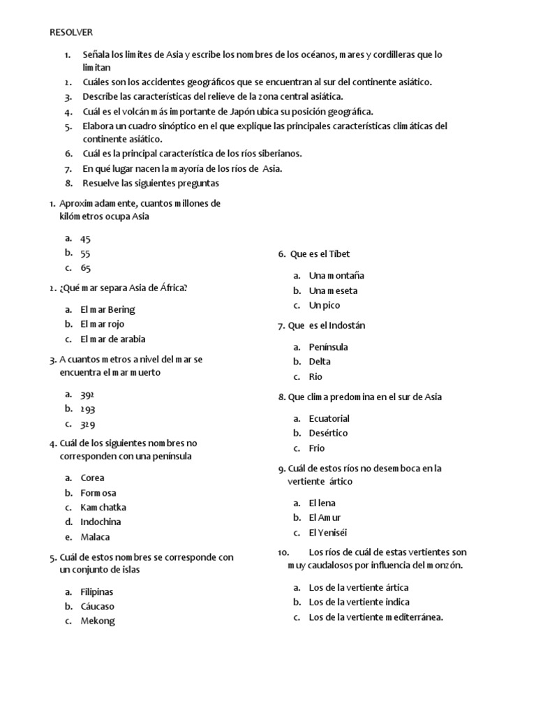 Asia Examen 8vo | PDF | Asia | Geomorfología