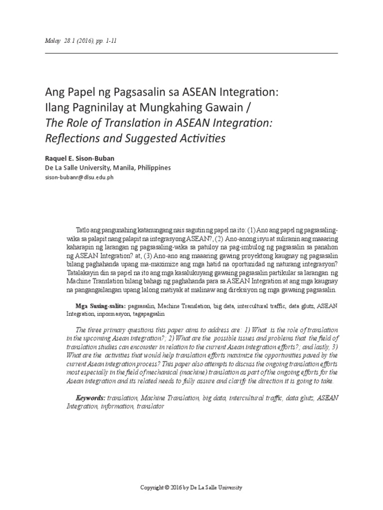 Ang Papel NG Pagsasalin Sa ASEAN Integration: Ilang Pagninilay at ... Ang Papel NG Pagsasalin Sa ASEAN Integration: Ilang Pagninilay at ...