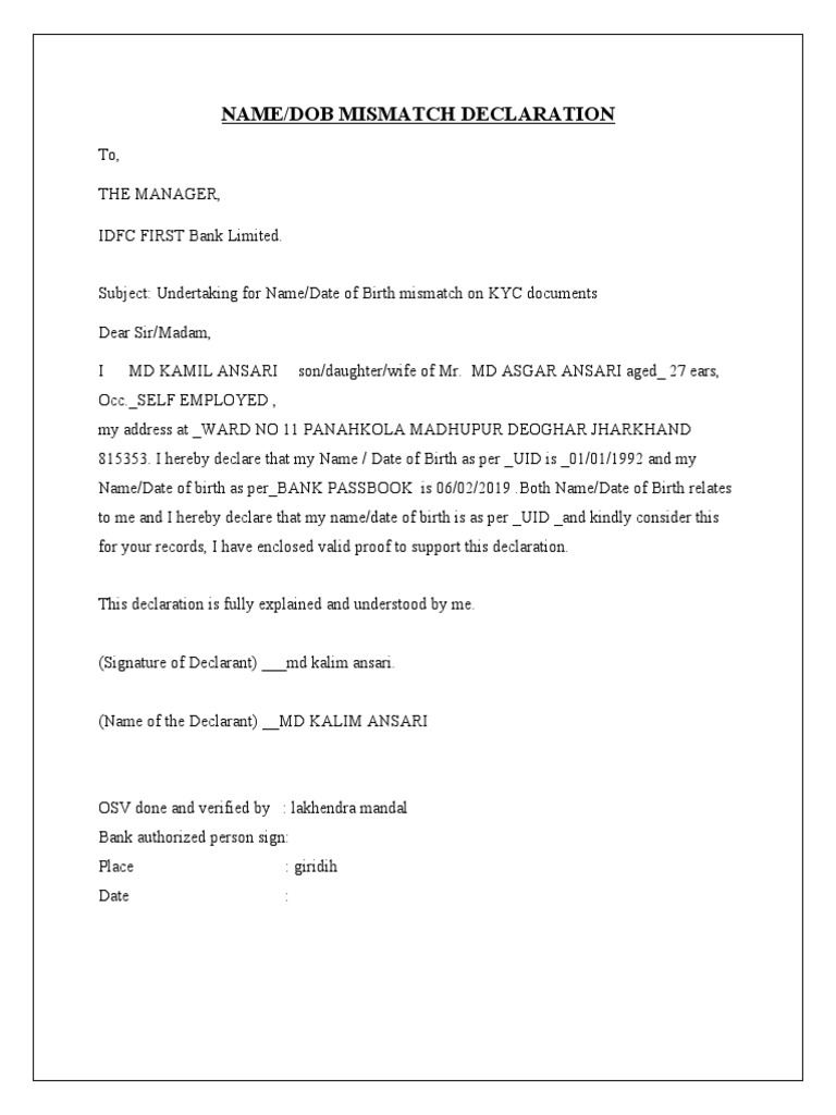 NAME DOB Mismatch Declarationkalim | PDF