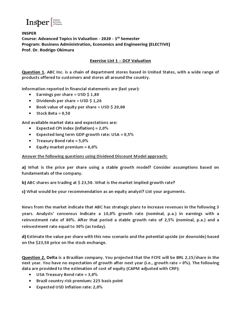 Exercise List 1 - DCF Valuation v01 | PDF | Valuation (Finance ...