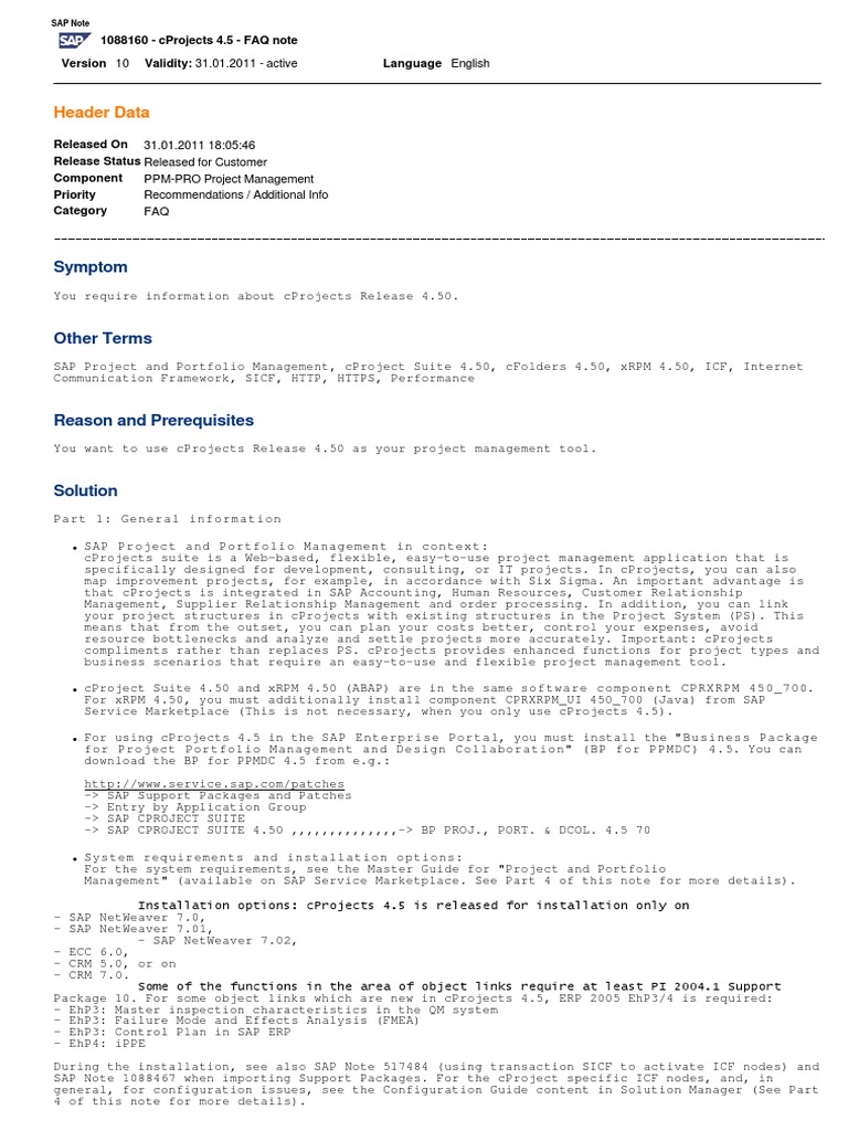 Cprojects 4.5 - FAQ Note | PDF | Sap Se | Product Lifecycle