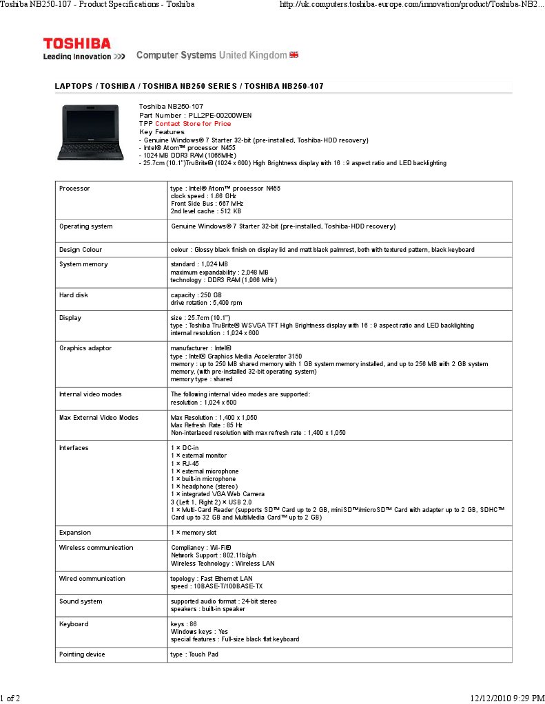 Toshiba NB250-107 - Product.. | PDF | Laptop | Wi Fi