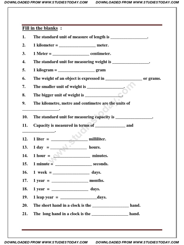 Class 3 Measurement Worksheet | PDF | Scientific Observation | Notation