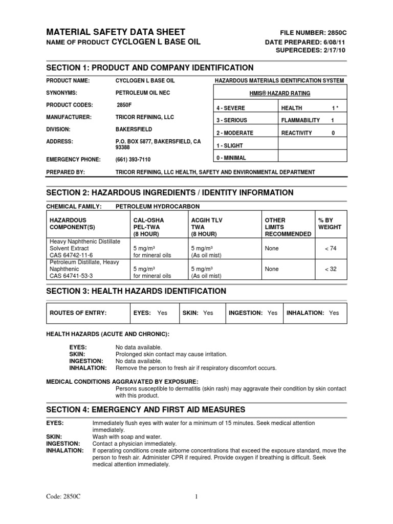 Cyclogen L Base Oil US 16 Point MSDS | PDF | Dangerous Goods | Superfund