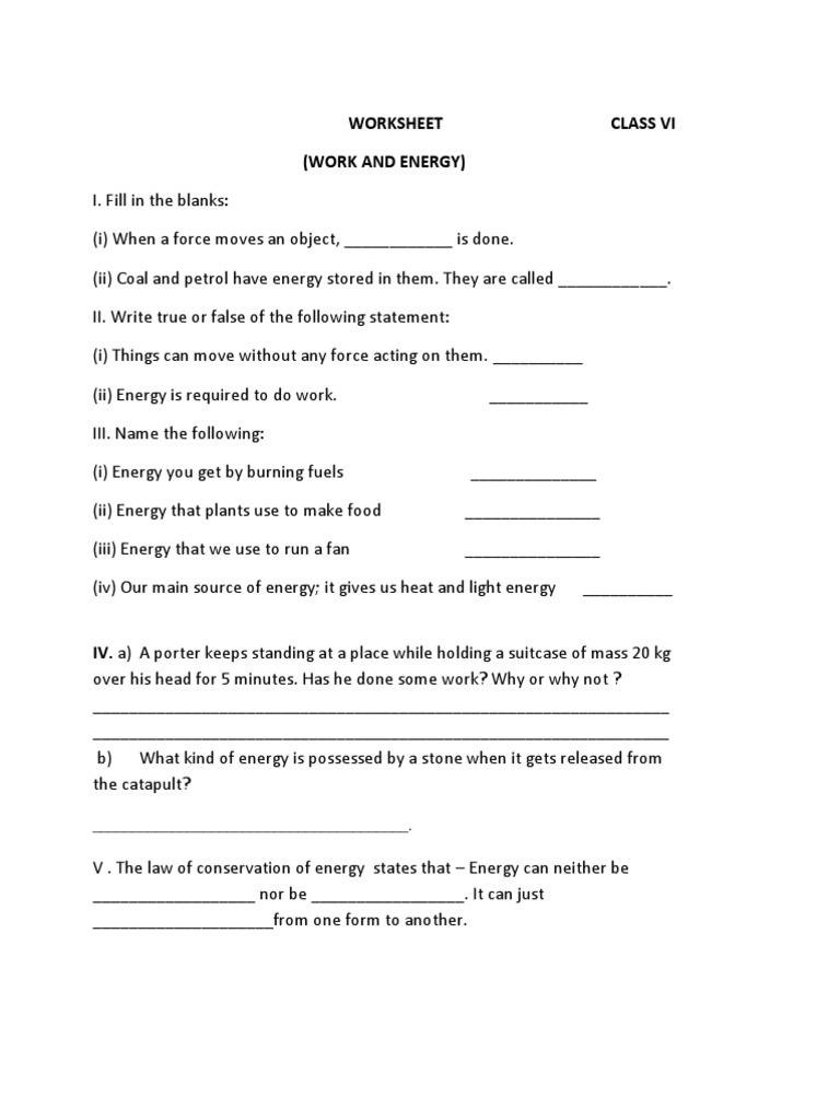 Class 6 Work and Energy Worksheet | PDF | Home & Garden