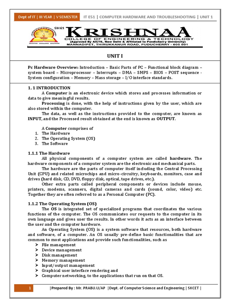 Unit I: It E51 - Computer Hardware and Troubleshooting - Unit 1 | PDF | Random Access Memory ...