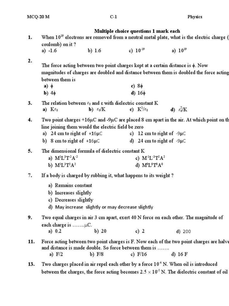 Online MCQ Test - 1 | PDF | Electric Charge | Electrostatics