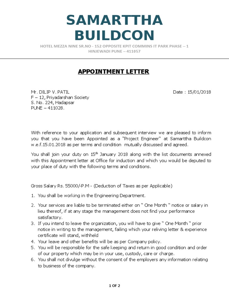 Offer Letter for the Position of Project Engineer at Samarttha Buildcon ...