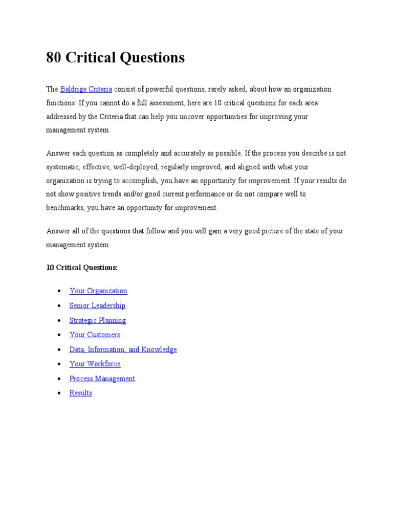 Baldrige Criteria: 80 Key Questions | PDF | Competence (Human Resources ...