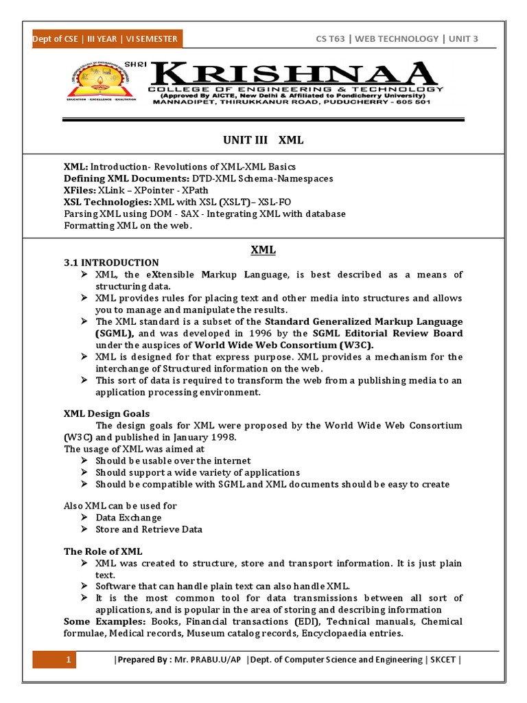 Unit Iii XML: Cs T63 - Web Technology - Unit 3 | PDF | X Path | Xslt