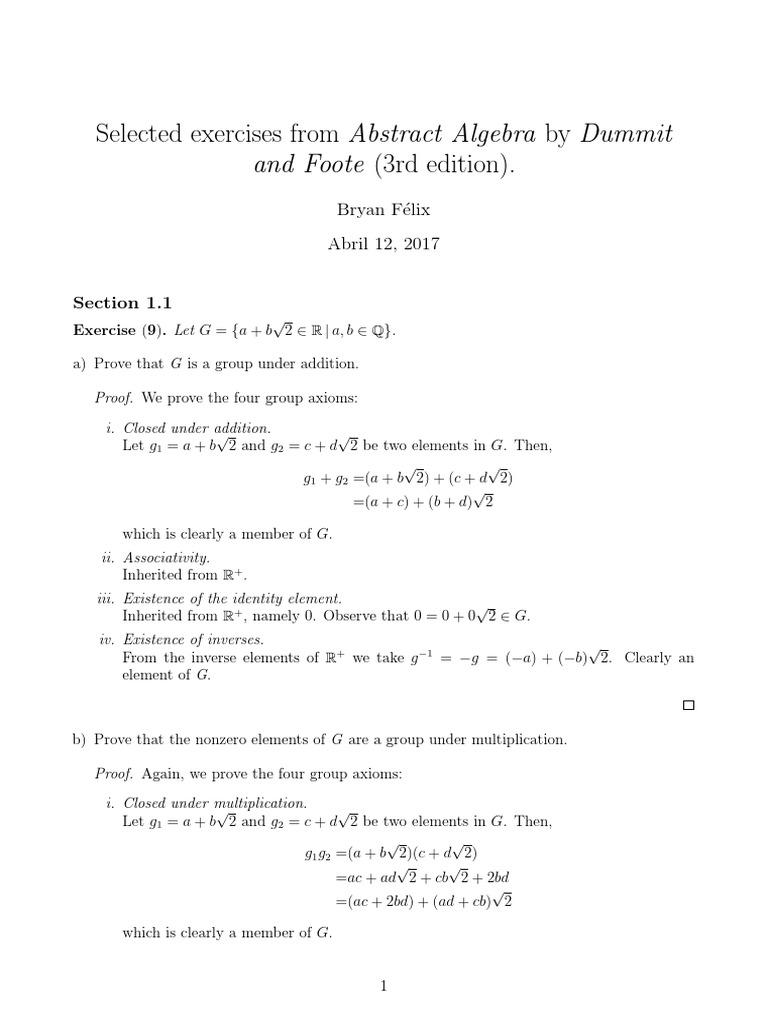Selected Exercises From Abstract Algebra by Dummit and Foote (3rd Edition) | PDF | Group ...