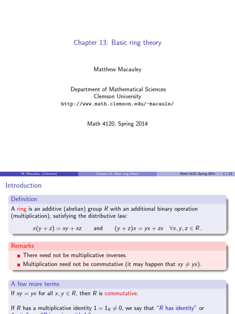 Basic Ring Theory Overview | PDF | Ring (Mathematics) | Field (Mathematics)