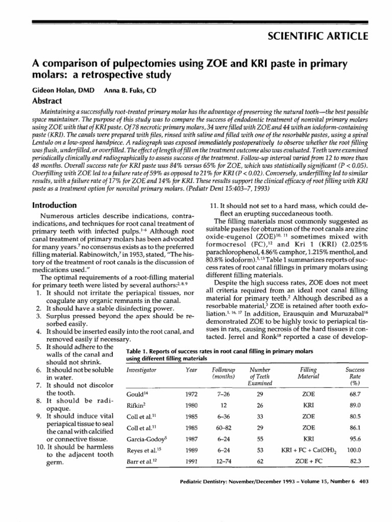 A Comparison of Pulpectomies Using ZOE and KRI Paste in Primary | PDF ...