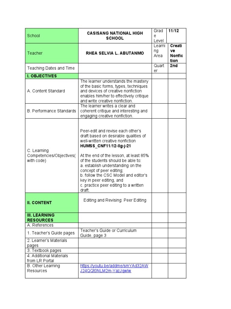 Peer Editing in Creative Nonfiction | PDF | Essays | Teachers