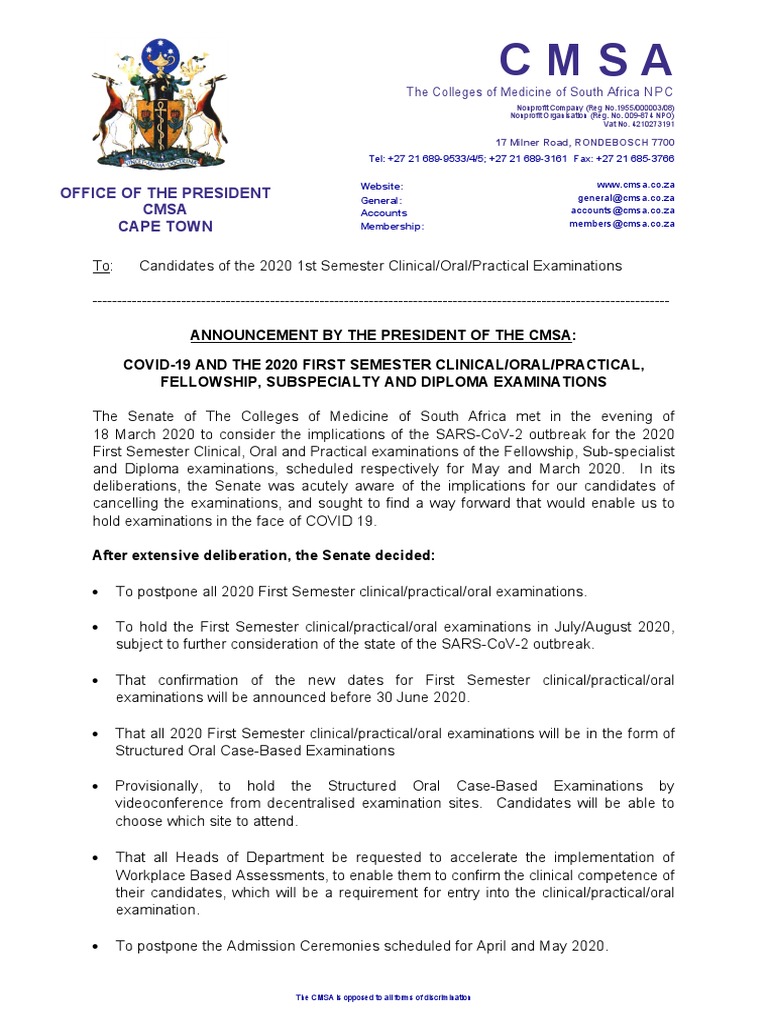 CMSA Exam Postponement Due to COVID-19 | PDF | Risk | Health Care