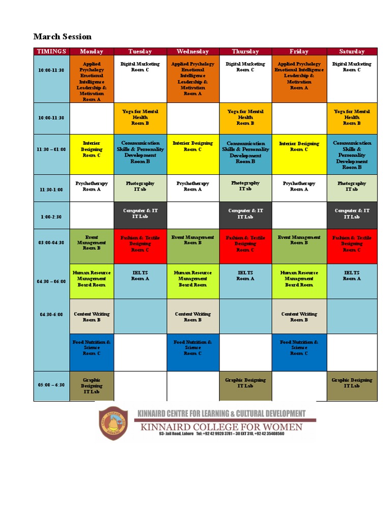March Session: Timings Monday Tuesday Wednesday Thursday Friday ...