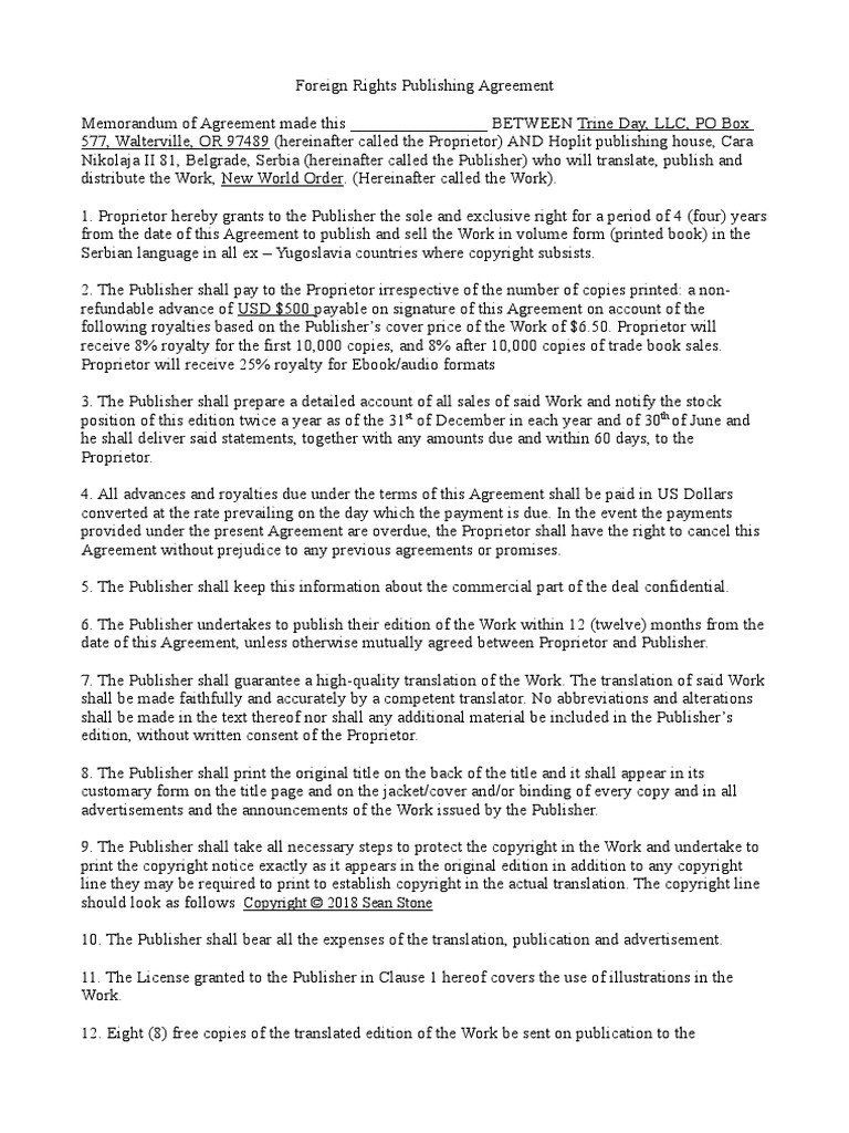 Foreign Rights Publishing Agreement | PDF | Publishing | Royalty Payment