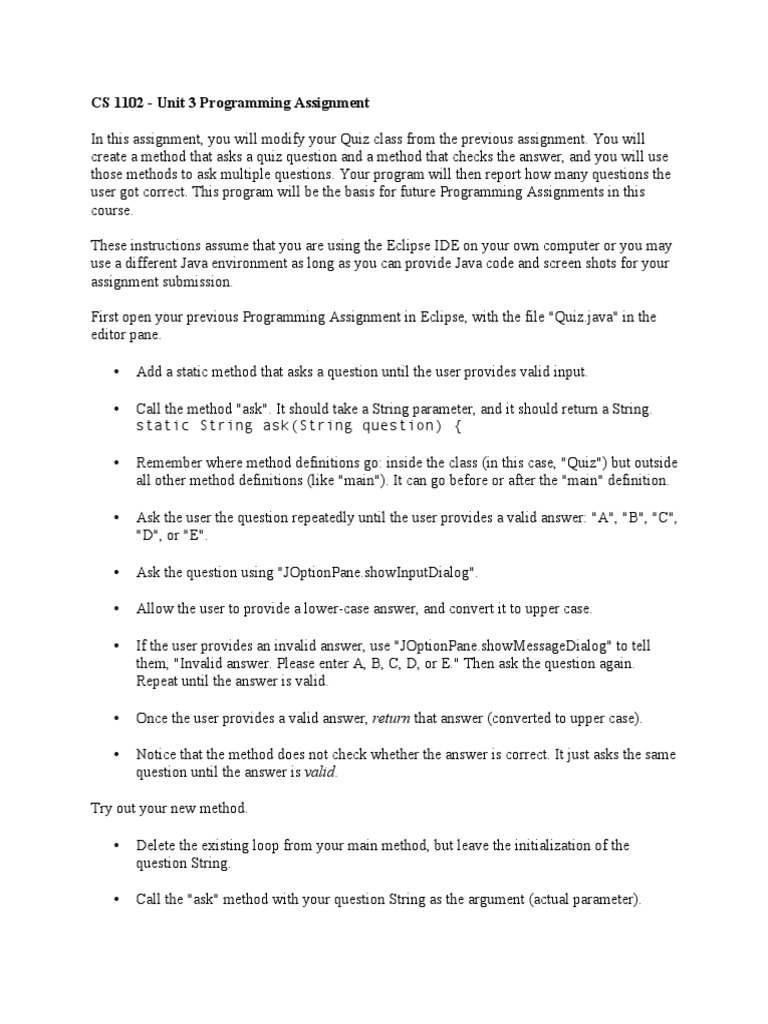 Cs 1102 Unit 3 Programming Assignment Pdf Parameter Computer Programming Computer