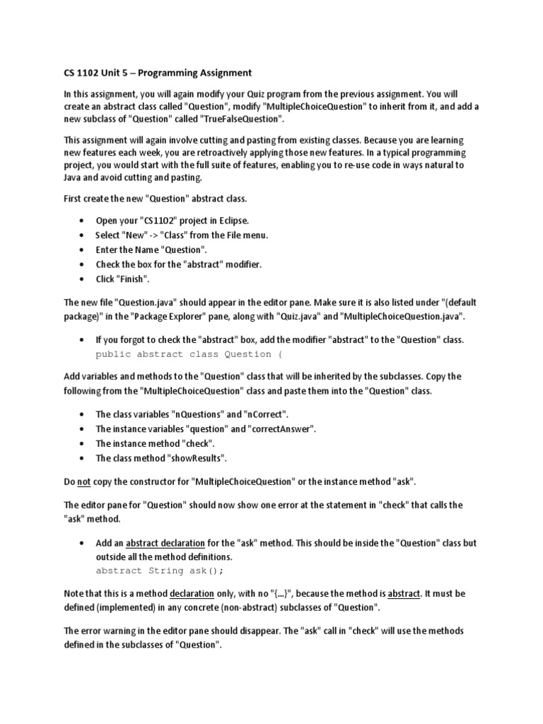 Cs 1102 Unit 5 Programming Assignment Pdf Method Computer Programming Class Computer