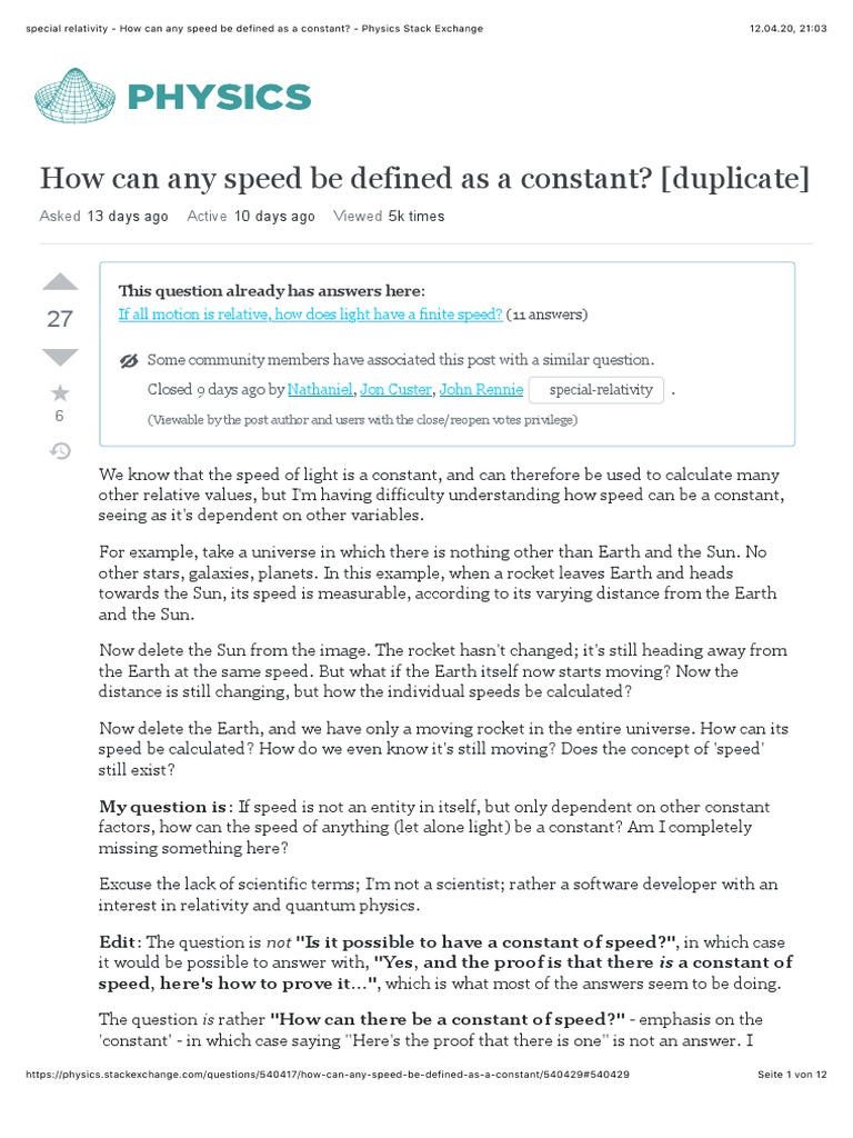 Special Relativity - How Can Any Speed Be Defined As A Constant ...