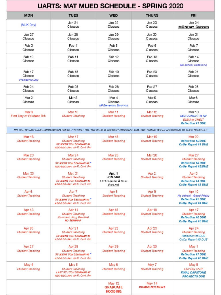 Spring2020 Mat Schedule | PDF | Holidays | Festival