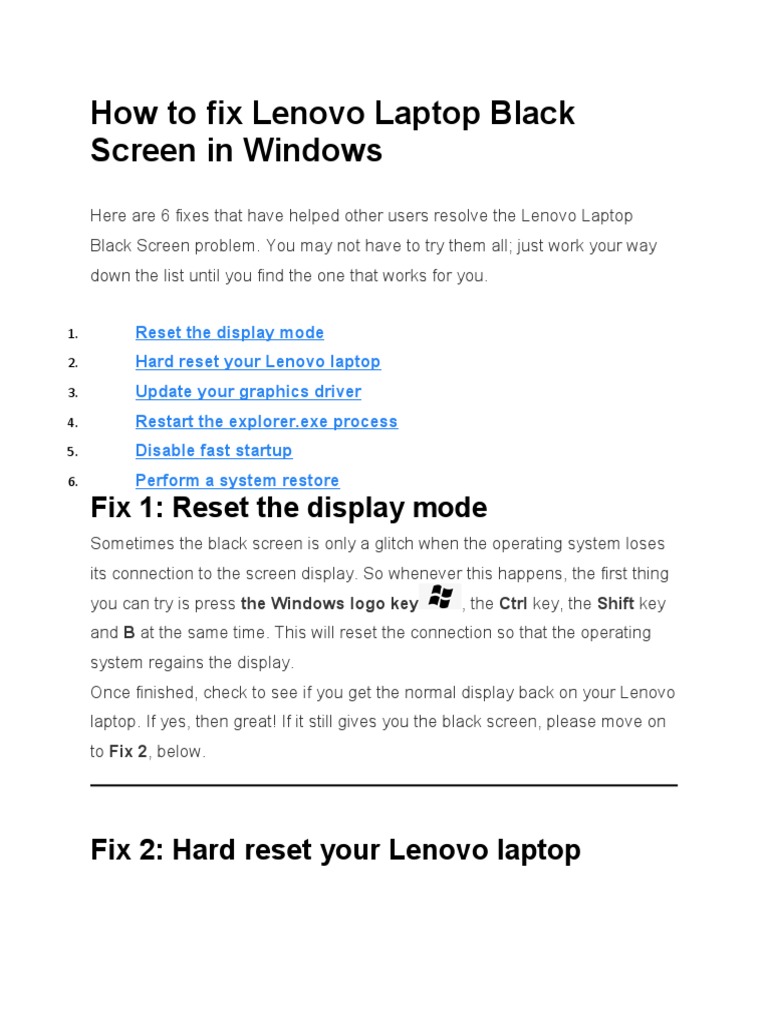 Lenovo Black Screen Fixes | PDF | Laptop | Booting