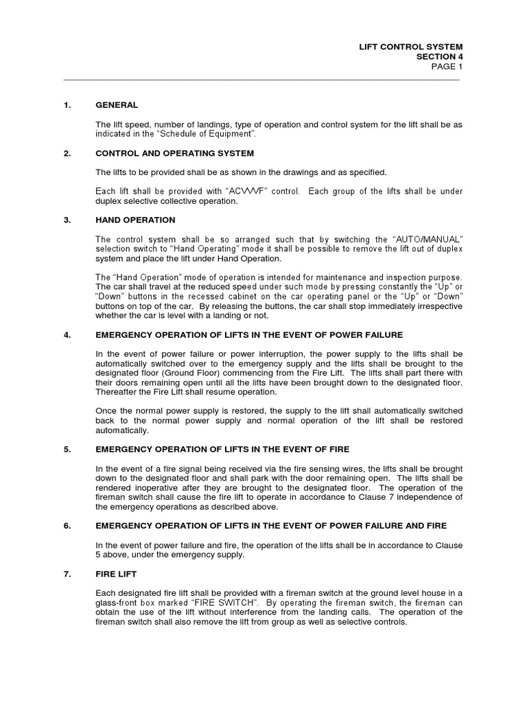 Lift Control System Specifications: Emergency Operations, Duplex ...