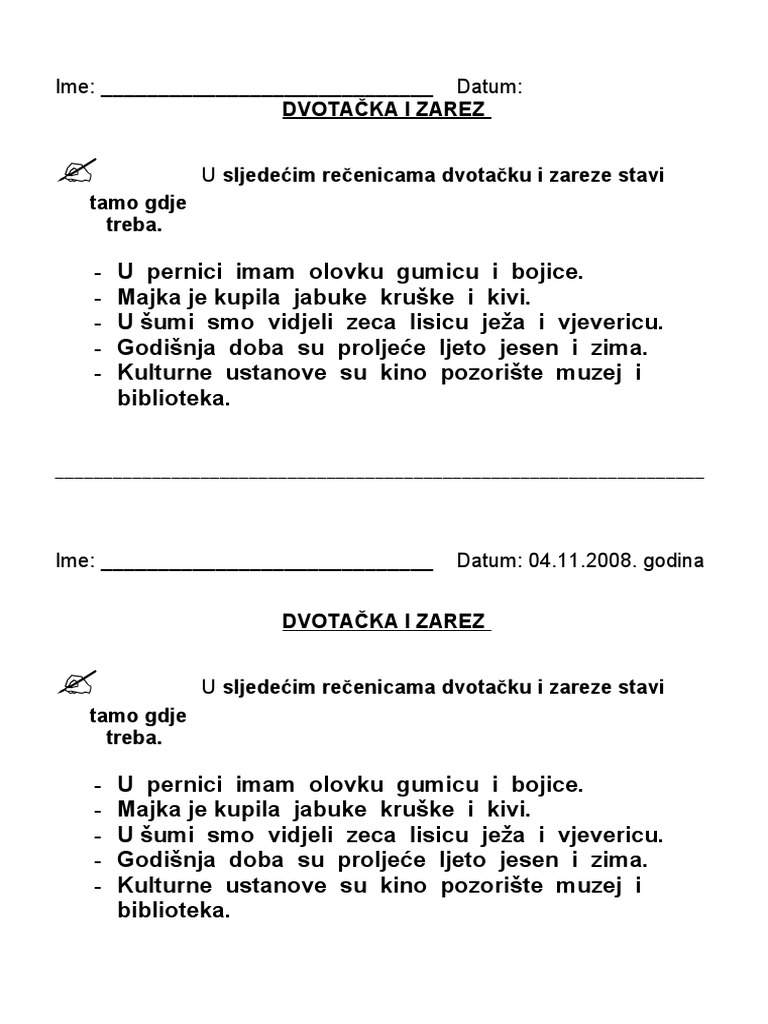 Dvotačka I Zarez Nastavni Listić | PDF