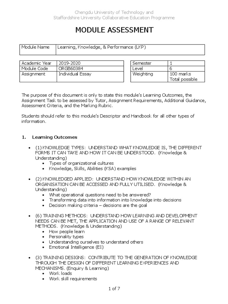 Module Assessment: Chengdu University of Technology and Staffordshire ...